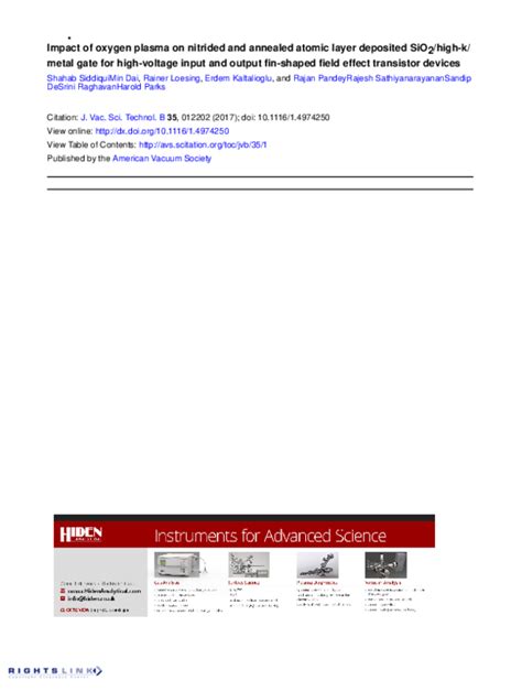 Pdf Impact Of Oxygen Plasma On Nitrided And Annealed Atomic Layer Deposited Sio2 High K Metal