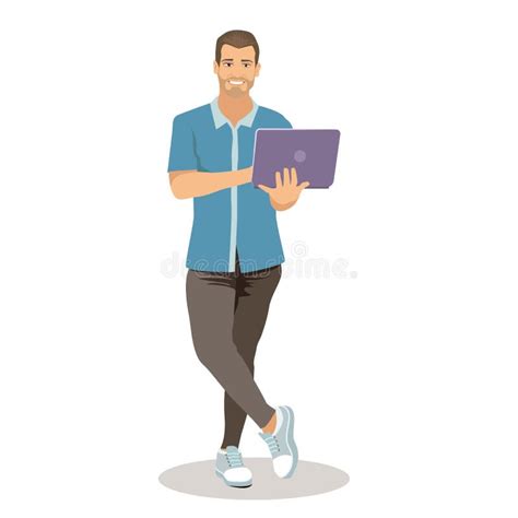 a man holds a laptop in his hands while standing working on a pc stock