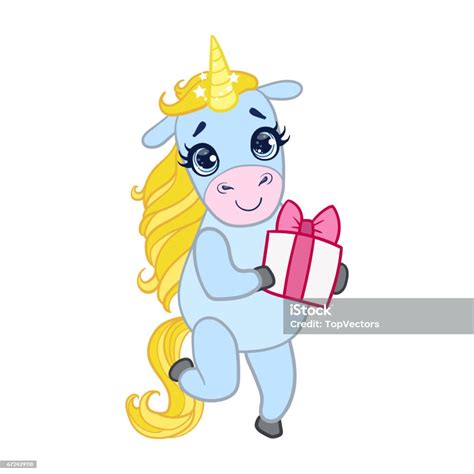 선물 상자가 서 있는 만화 라이트 블루 유니콘 다채로운 벡터 캐릭터 갈기에 대한 스톡 벡터 아트 및 기타 이미지 갈기 귀여운 꼬리 Istock