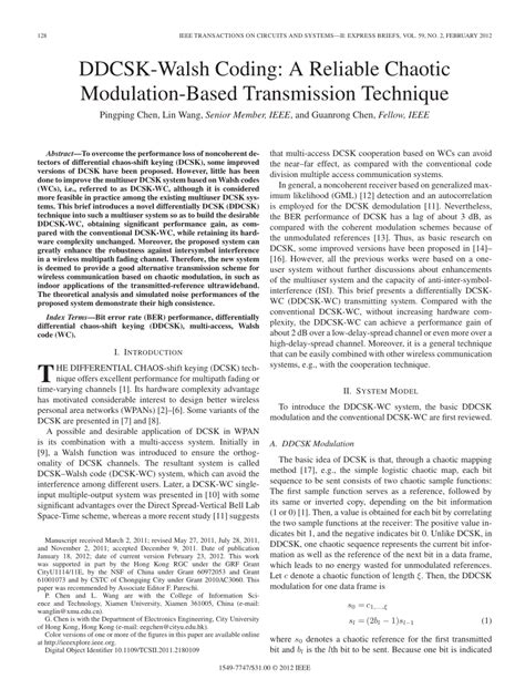 Pdf Ddcsk Walsh Coding A Reliable Chaotic Modulation Based Transmission Technique