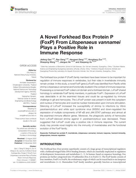 Pdf A Novel Forkhead Box Protein P Foxp From Litopenaeus Vannamei