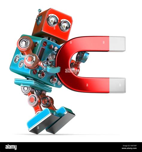 Retro Robot Holding A Big Magnet 3d Illustration Isolated Contains
