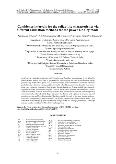Pdf Confidence Intervals For The Reliability Characteristics Via Different Estimation Methods