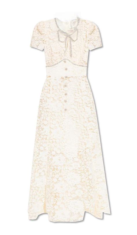 Bow Embellished Floral Lace Midi Dress In Beige Ohhal