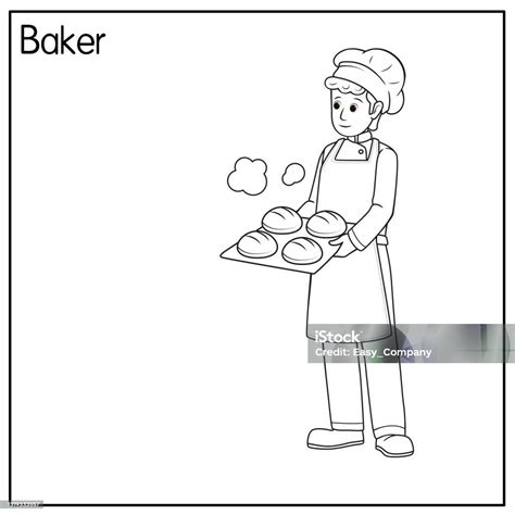 흰색 배경에 격리 된 베이커의 벡터 그림입니다 직업과 직업 개념 만화 캐릭터 교육 및 학교 아이 색칠 페이지 인쇄 가능 활동 워크 시트 플래시 카드 부엌에 대한 스톡 벡터