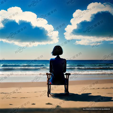Ai创作图在一个蓝天白云下的海边沙滩上 一个女生的背影坐在沙滩椅上 旁边还有把遮阳伞 昵图网
