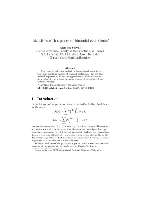Pdf Identities With Squares Of Binomial Coefficients