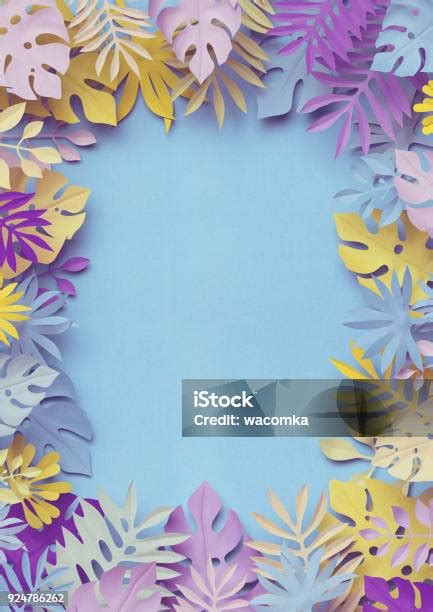 3d 렌더링 열 대 종이 잎 장식 세로 프레임 파스텔 식물 배경 빈 공간 정글 성격 밝은 사탕 색상 종이공예에 대한 스톡 사진