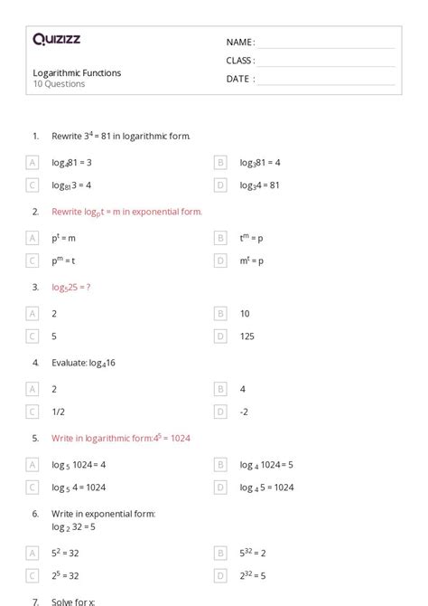 50 derivatives of logarithmic functions worksheets for 11th class on