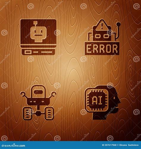 Set Humanoid Robot Robot Mars Rover And Error In On Wooden Background Vector Stock