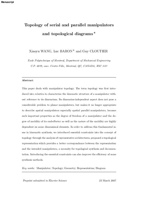 Pdf Topology Of Serial And Parallel Manipulators And Topological Diagrams