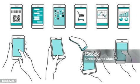 다양한 응용 프로그램 화면과 손 작동 스마트 폰을 표시하는 스마트 폰의 일러스트 세트 Brand Name Smart Phone에 대한 스톡 벡터 아트 및 기타 이미지