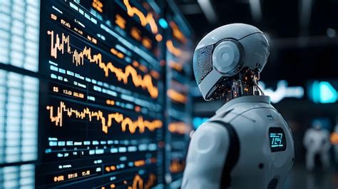 Futuristic Robot Analyzing Data On Hightech Digital Screen In A Modern Tech Environment