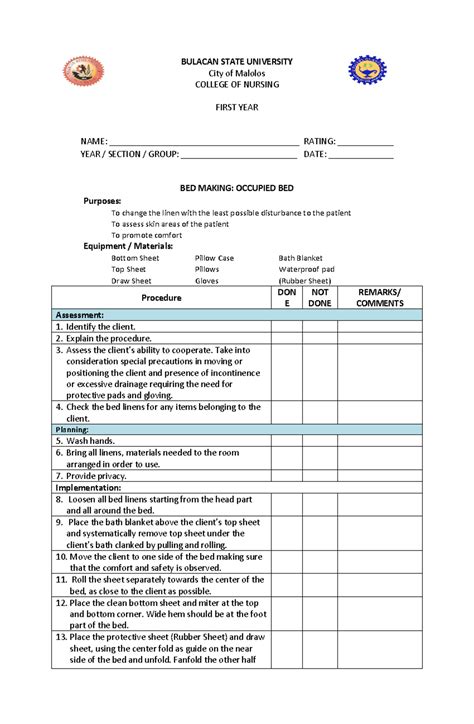 Bed Making Occupied Bed Src Prd Performance Checklist Bulacan State