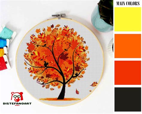 FALL TREE Cross Stitch Pattern PDF Embroidery Chart Cute Wall Decor Yellow Fall Autumn Leaves