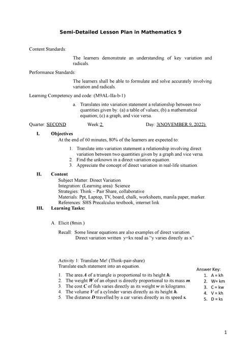 Lesson Plan In Direct Variation Semi Detailed Lesson Plan In