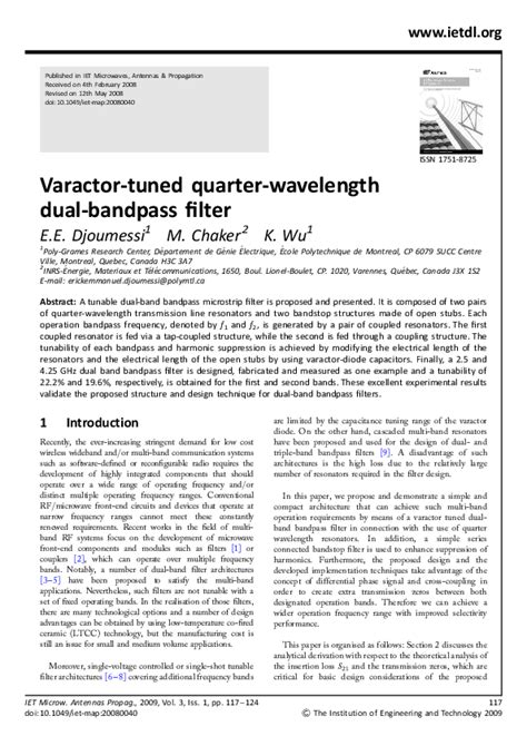 Pdf Varactor Tuned Quarter Wavelength Dual Bandpass Filter