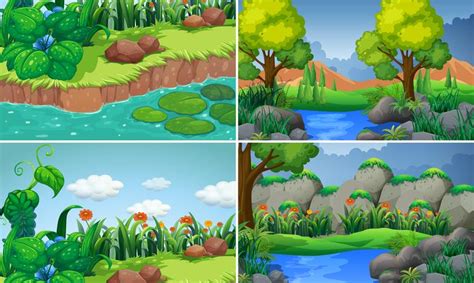 Four Scenes With River And Trees Vector Art At Vecteezy