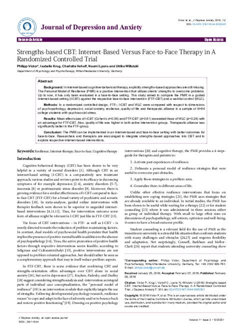 Pdf Strengths Based Cbt Internet Based Versus Face To Face Therapy In A Randomized Controlled