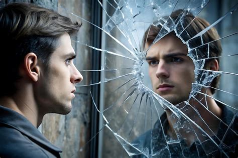 A Person Looking Into A Cracked Mirror With A Fractured Reflection Premium Ai Generated Image