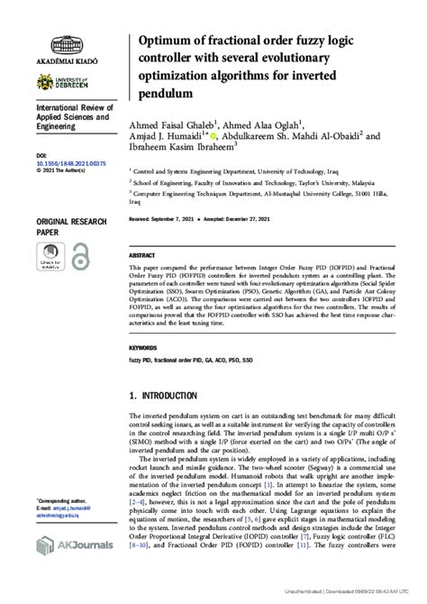 Pdf Optimum Of Fractional Order Fuzzy Logic Controller With Several Evolutionary Optimization