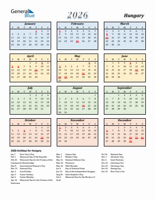 Hungary Calendars With Holidays