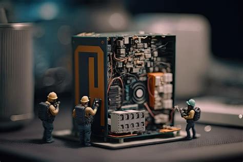 Premium Photo Tiny Workers Working On An Embroidered Processor Inside