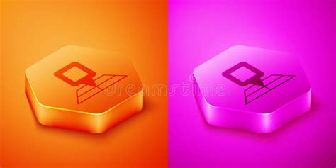Isometric Folded Map With Location Marker Icon Isolated On Orange And Pink Background Hexagon