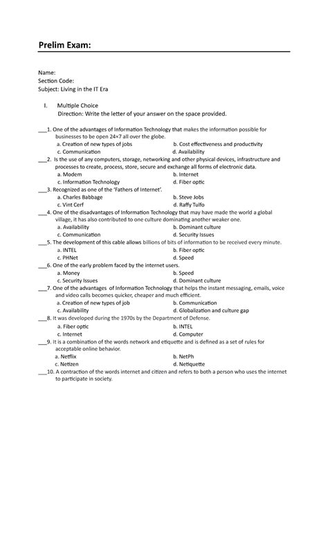 Prelim Exam Information Technology Introduction Prelim Exam Name