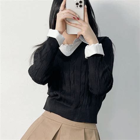 [일체형 캠퍼스룩 ]시아 셔츠 레이어드 꽈배기 니트 에이블리