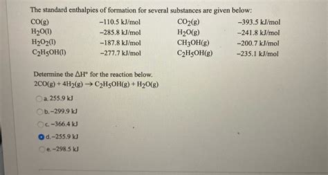 Solved The Standard Enthalpies Of Formation For Several