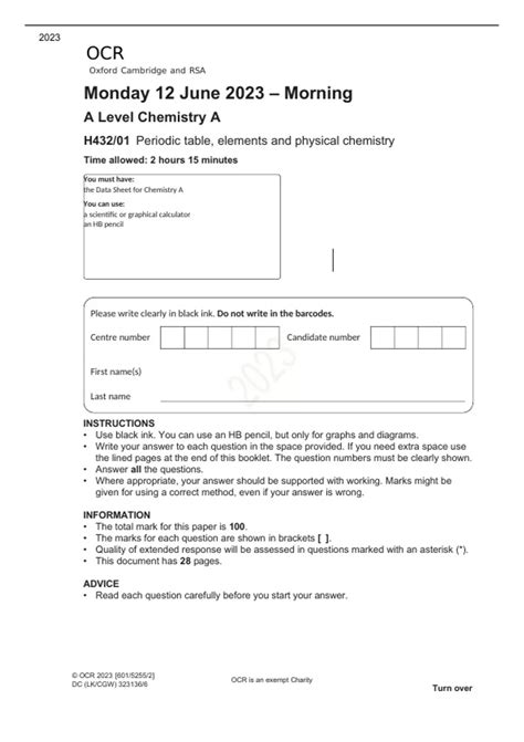 Ocr A Level Chemistry A H432 01 Paper 1 June 2023 Final Question Paper Periodic Table Elements