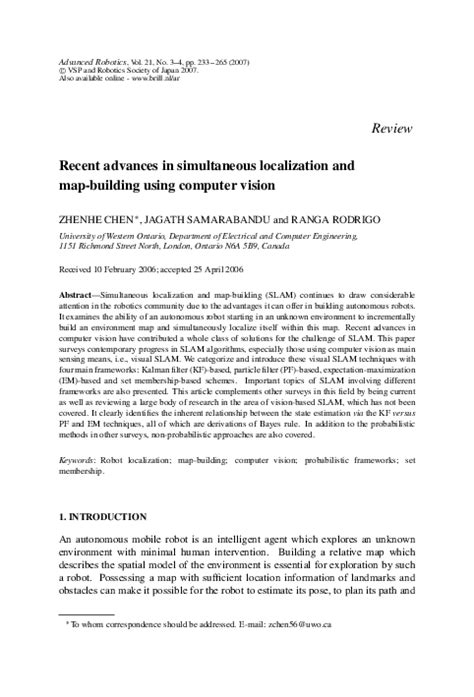 Pdf Recent Advances In Simultaneous Localization And Map Building