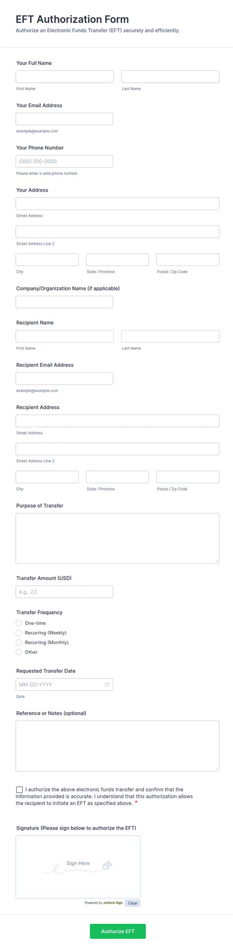 Eft Authorization Form Template Jotform