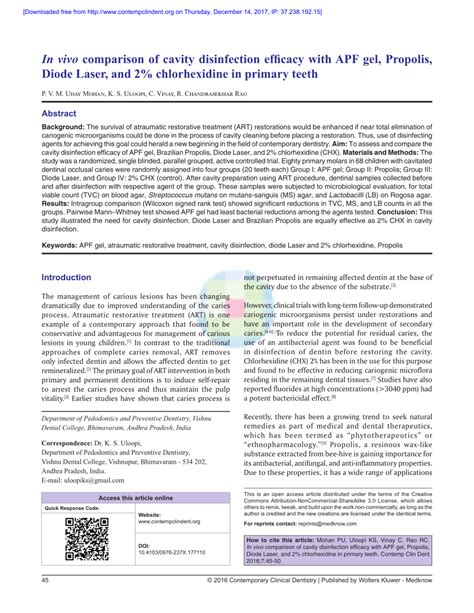 Pdf In Vivo Comparison Of Cavity Disinfection Efficacy With Apf Gel Propolis Diode Laser