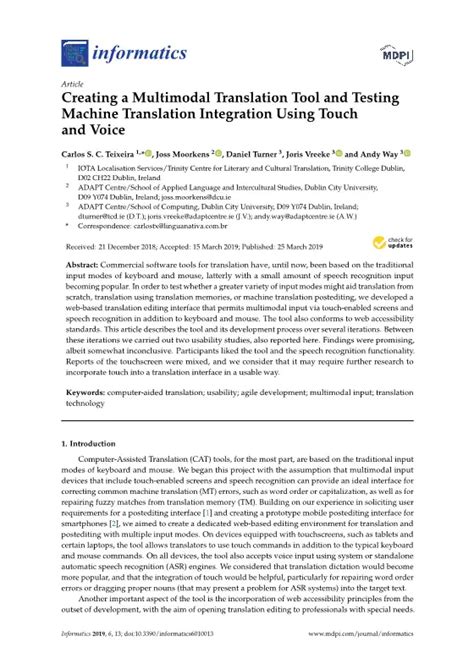 Creating A Multimodal Translation Tool And Testing Machine Translation Integration Using Touch