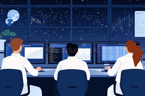 collaboration among diverse data scientists analyzing complex datasets on multiple screens stock