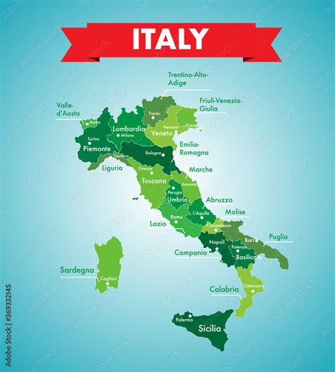 Map Of Italy With Regions And Their Capitals Vector Illustration Stock