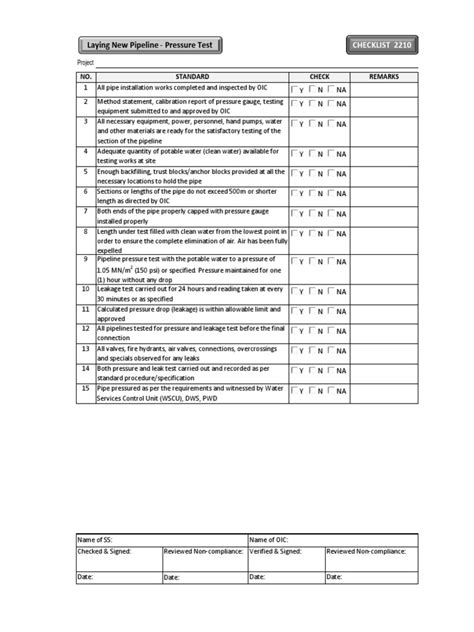 Checklist2210 Laying New Pipeline Pressure Test Pdf