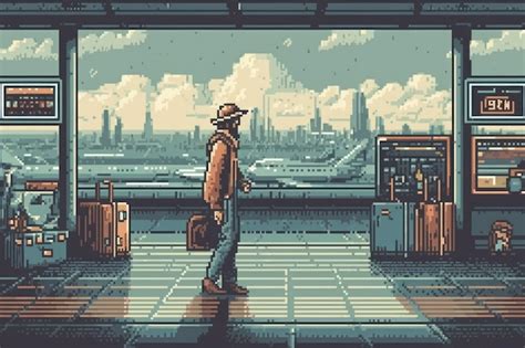 8 Bit Graphics Pixels Scene With Person At Airport Ai Generated Image