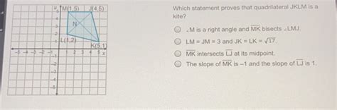 Solved Which Statement Proves That Quadrilateral JKLM Is A Kite M Is A Right Angle And