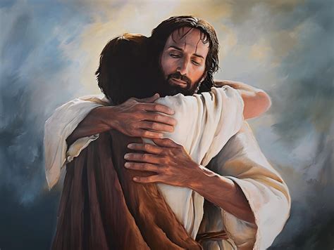 Jesus Christ Hugging And Comforting A Man Oil Painting Premium Ai