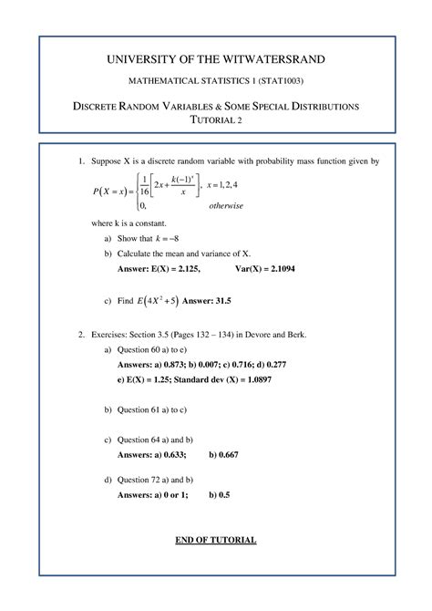 Discrete Distributions Tutorial STAT SM UNIVERSITY OF THE WITWATERSRAND MATHEMATICAL