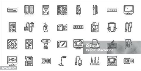 회로 라우터 마이크 데스크톱 키보드 웹캠 Usb 연결 램 메모리 케이블과 같은 32 대의 컴퓨터 장치 얇은 윤곽선 아이콘 세트