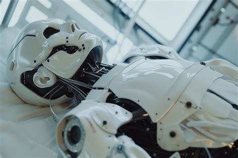 A Robot Is Laying On A Bed With Its Head Tilted To The Side Premium Ai Generated Image