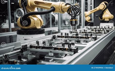 Advanced Robotic Arm Operating On A Manufacturing Assembly Line Royalty