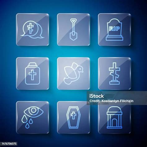 세트 라인 눈물 울음 눈 십자가가 있는 관 오래된 지하실 묘비 Rip 작성 비둘기 장례식 항아리 무덤 및 아이콘 벡터 공포 무서움에 대한 스톡 벡터 아트 및 기타 이미지