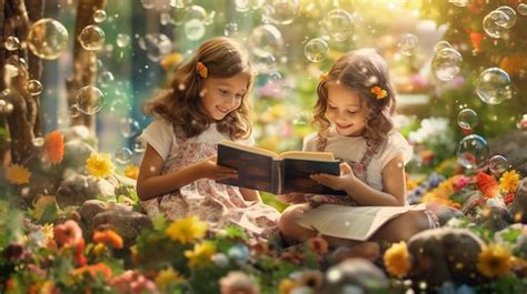 Premium Ai Image Two Girls Reading A Book In A Garden