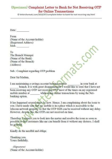 Complaint Letter To Bank For Not Receiving Otp For Transactions