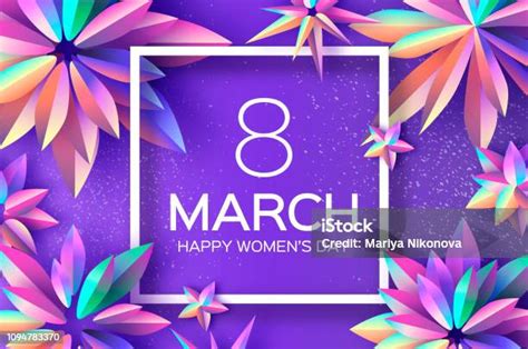 밝은 보라색 홀로그램 꽃 행복 한 일입니다 3 월 8 일 국제입니다 어머니의 날입니다 현대 종이 미래 꽃 인사 카드를 잘라 봄 꽃 장식입니다 사각형 프레임입니다 텍스트입니다